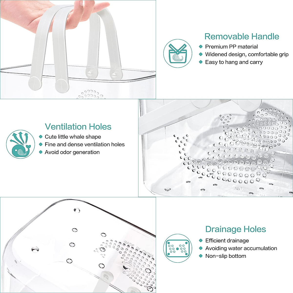 FODIENS 2 Pack Plastic Shower Caddy Basket, Portable Shower Caddy Tote Storage Basket with Handles, Clear Cleaning Supplies Organizer Bin for Bathroom Kitchen College Dorm (White+Cyan)
