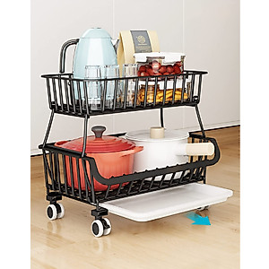 FANWU 5 Tier Fruit Basket Stand, and Vegetable Storage Cart, Wire with Wheels, Metal Stackable Snack Organizer, Potatoes Onions Produce Bins Rack for Kitchen, Pantry (Black-5-Tier Baskets)