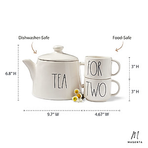Rae Dunn Tea Set, “Tea for Two” Teapot and Stacking Teacup Set, Cute Ceramic Tea Set for Kitchen or Dining Room, 3-Piece Set