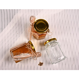 Adabocute 4oz Hexagonal Honey Jars - Glass Honey Jars with Gold Lids, Wooden Dippers, Bee Charms and Jutes - Hexagon Honey Jars for Baby Shower, Wedding and Party Favors, 12 Pack