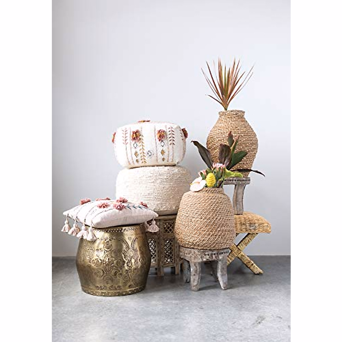 Creative Co-Op Creative Co-Op Cotton Embroidered Pillow with Tassels and Applique, Multicolor