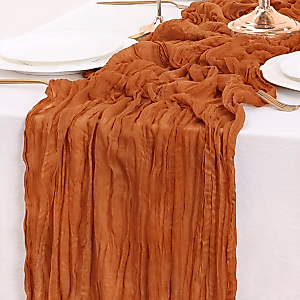 LINXTAR Fall Table Runner Thanksgiving Cheesecloth Table Runner Terracotta 10ft Rustic Table Runner 122x35 Inches Boho Decoration for Friendsgiving Wedding Baby Shower Birthday Party