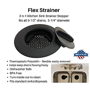 Flex Strainer Kitchen Sink Strainer with Drain Stopper Plug, 2N1, Basket Replacement for 3-1/2” drains, 5-1/4” Diameter, USA Made Black Single