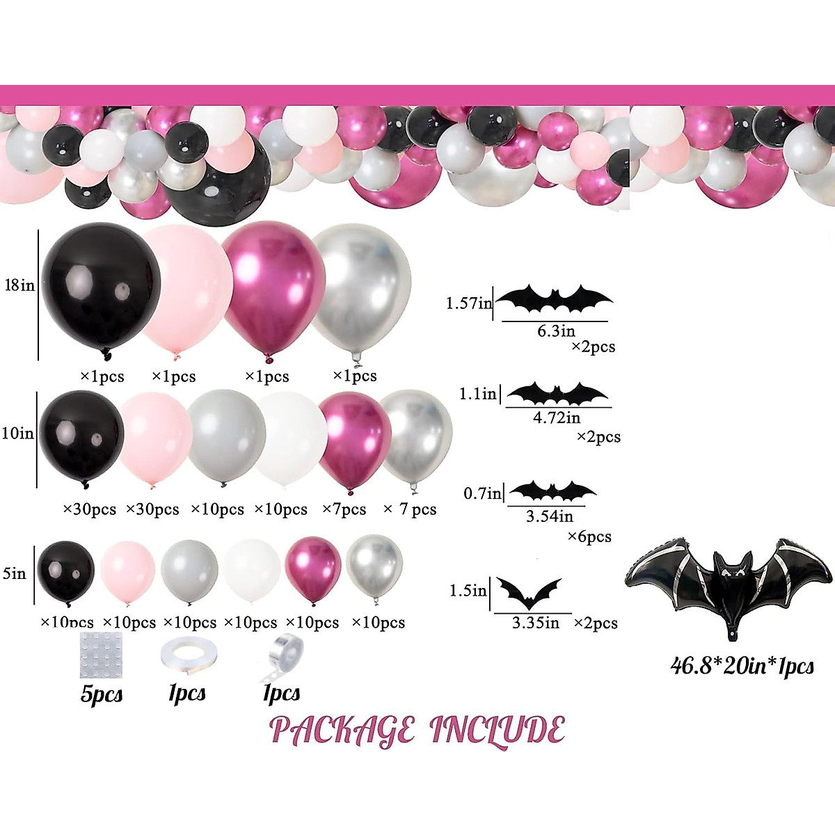 Bonropin 178pcs Pink Halloween Balloon Garland Arch Kit with Black Pink Silver Balloons Ghost Bat Foil Balloons 3D Bat Sticker for Girls Pink Halloween Decoration Birthday Baby Shower Party