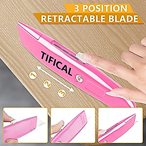 TIFICAL Box Cutter Retractable, Premium Utility Knife with Extra 10 Blades, Auto-Lock Razor Knife for Cartons, Cardboard, Boxes, Aluminum Shell Box Opener Box Cutter Knife for Home, Office, Pink