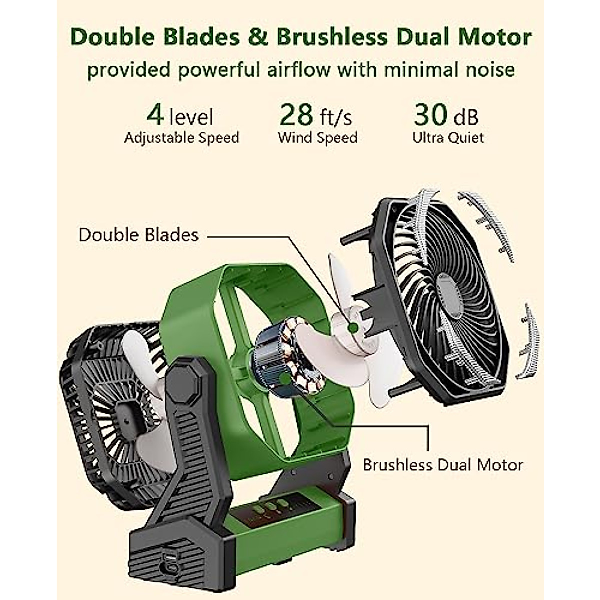 TDONE Camping Fan Portable Rechargeable Fan 20000mAh 8-Inch Battery Operated Fan with LED Lights & Hook, Personal Desk Fan for Home, Office, USB Battery Powered Fan for Tent, Camping, Fishing