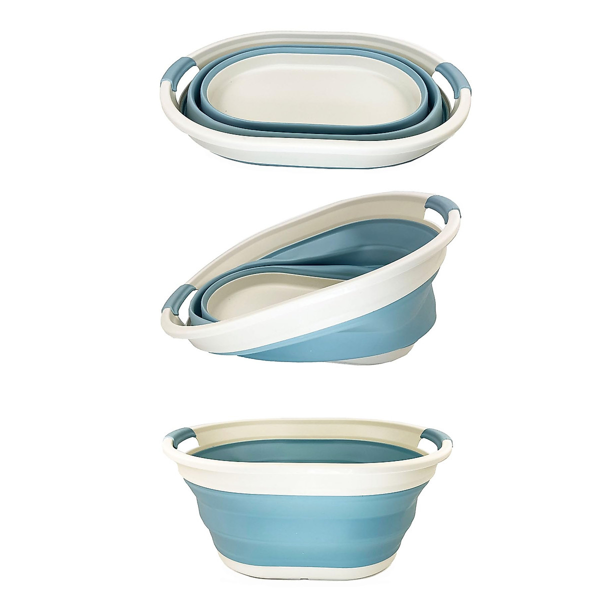 SAMMART 28L (7.4Gallons) Collapsible Plastic Laundry Basket - Oval Tub/Basket - Foldable Storage Container/Organizer - Portable Washing Tub - Space Saving Laundry Hamper (1, Grey/Sterling Blue)