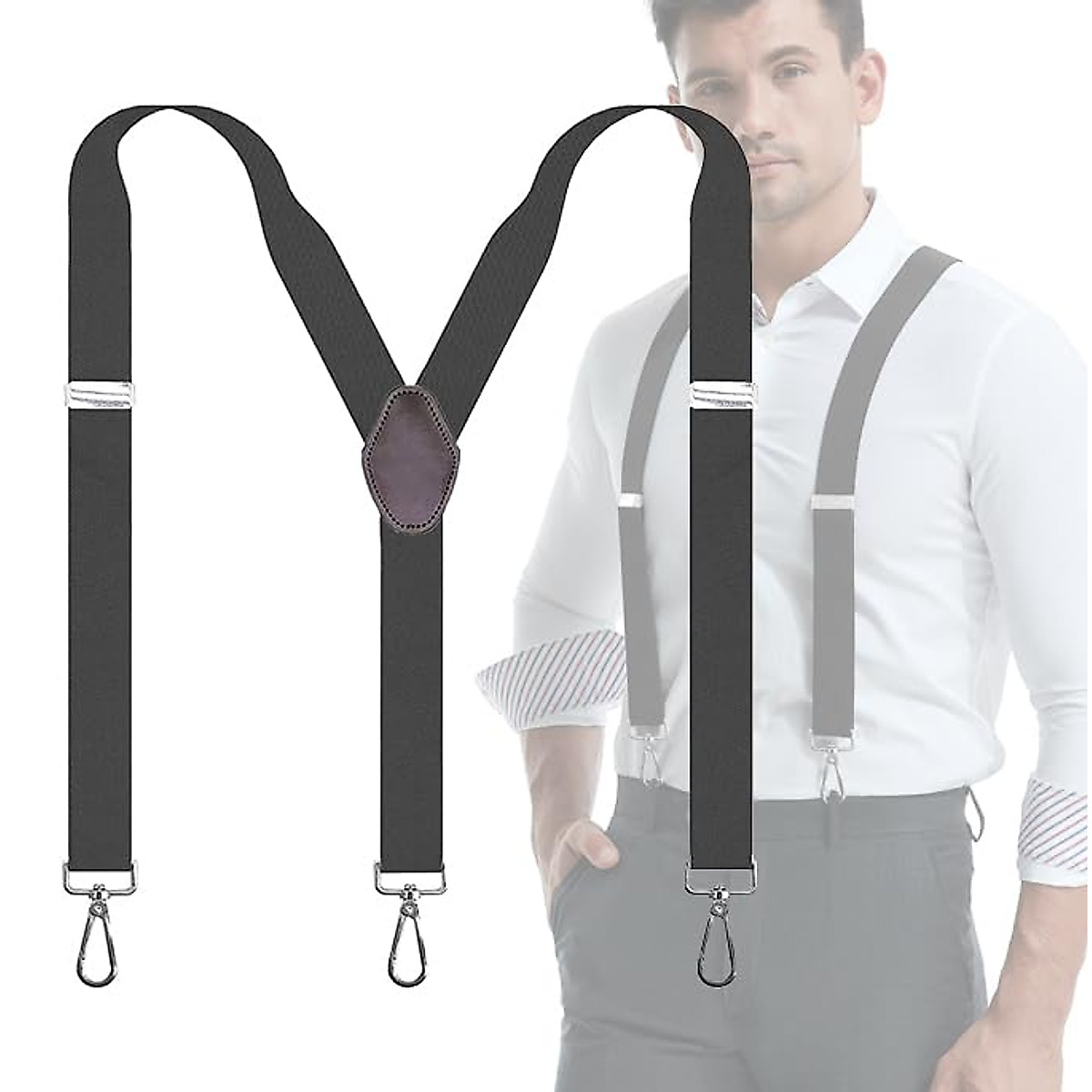 SupSuspen Y-Back Suspenders 1.4'' Heavy Duty Braces&3 Swivel Hooks on Belt Loops