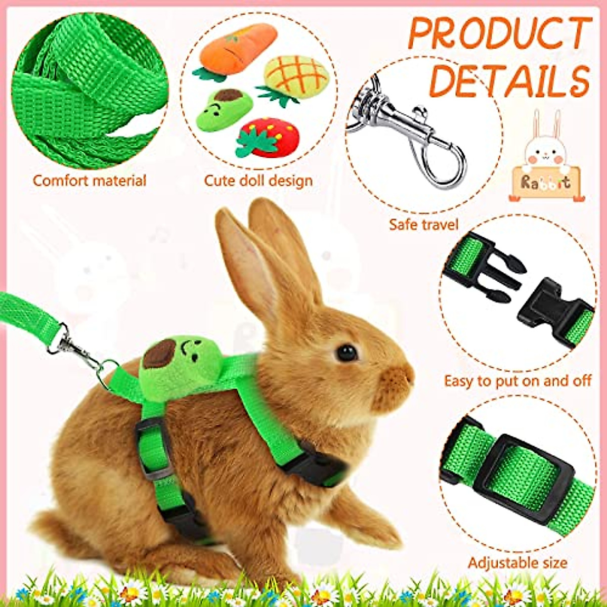4 Sets Adjustable Bunny Rabbit Harness and Leash Set Small Pet Cute Vest Harness Leash Ferret Harness Guinea Pig Harness Ferret Leash with Decorations for Bunny Kitten Puppy, Small Pets (Fruit)