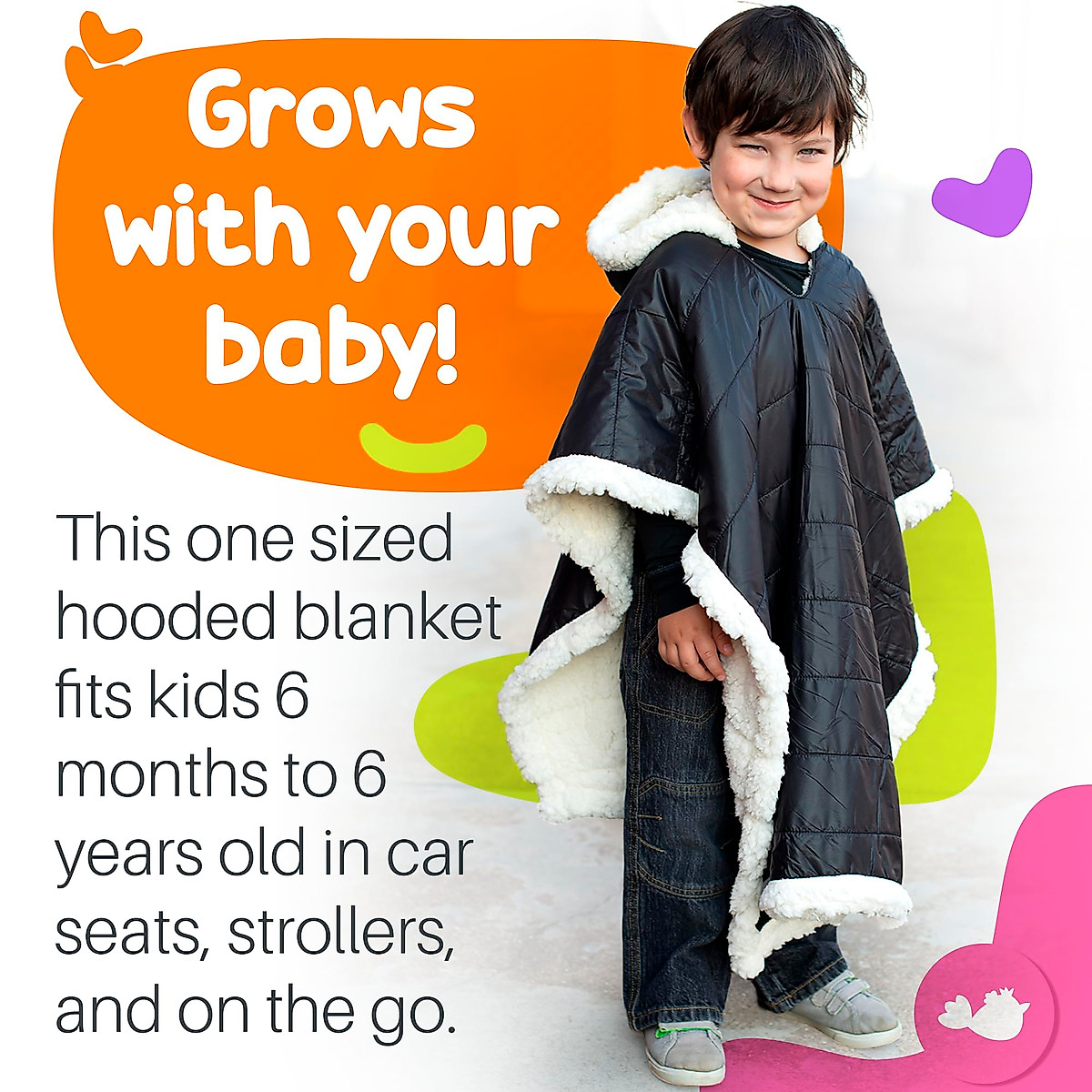 Birdy Boutique Car Seat Poncho for Kids – Safe to Use Over Seat Belts – Reversible Warm and Cozy Blanket – Easy on Easy Off and Doesn’t Impact Car Seat Performance – Black – One Size