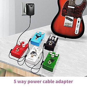 Guitar Pedal Power Supply Adapter 9V DC 1A Tip Negative 5 Way Daisy Chain Cables for Electronic Guitar Effect Pedal