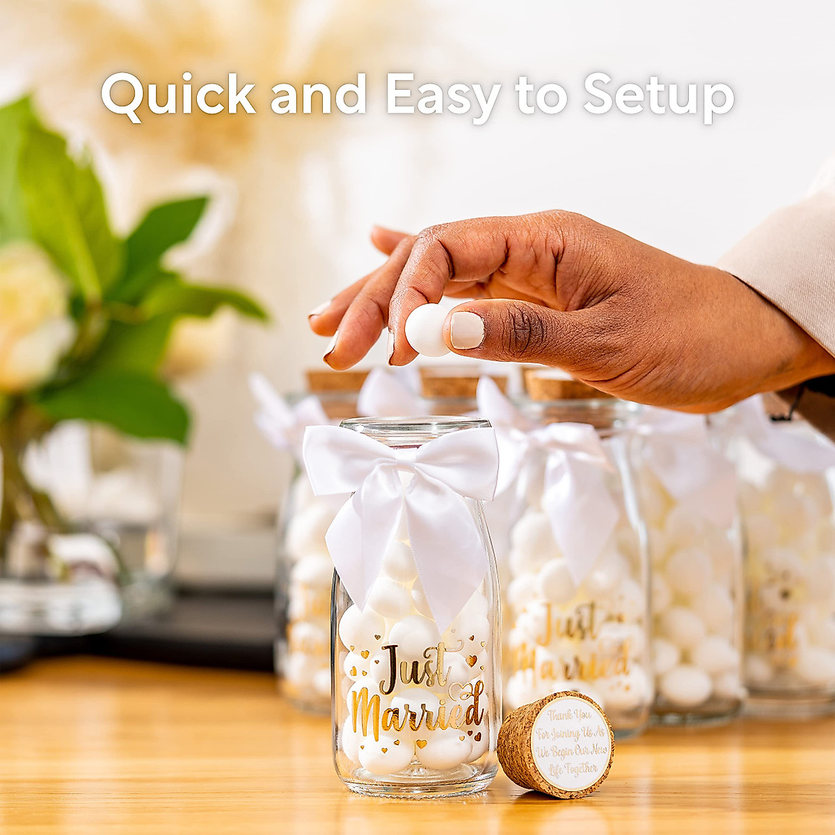 Ethisa Just Married Wedding Reception Bottles - 25 Pack Bulk Gold Glass Bottles for Favors - Wedding Party Souvenirs with White Ribbons and Thank You Stickers for Guests