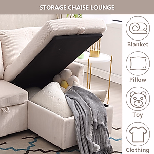 Vliekcy Sectional Sleeper Sofa Bed,Convertible Pull Out Couch with Storage Chaise Lounge, Upholstered L Shape Sofa with 2 Pillows, Comfortable Velet Fabric Couches for Living Room, Beige