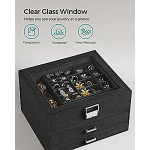 SONGMICS Jewelry Box, Lockable Jewelry Storage Organizer, Jewelry Case with Glass Window, for Rings, Earrings, Studs, Bracelets, Necklaces, Black UJBC158B01