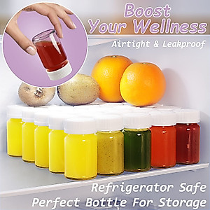 Syntic 8 Pack 2.5 Oz Wide Mouth Juice Shot Bottles with 8 Sealed Press Screw Caps & 4 Airtight Lids! Small Glass Ginger Shot Bottles for Oil, Ginger, Travel Bottle, Reusable and Dishwasher Safe
