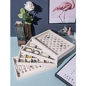 Coward Set of 5 Stackable Jewelry Organizer Tray Necklace Earring Box Storage Ring Bracelet Display Holder (beige(ring+necklace+12girds+24girds+The glass lid))