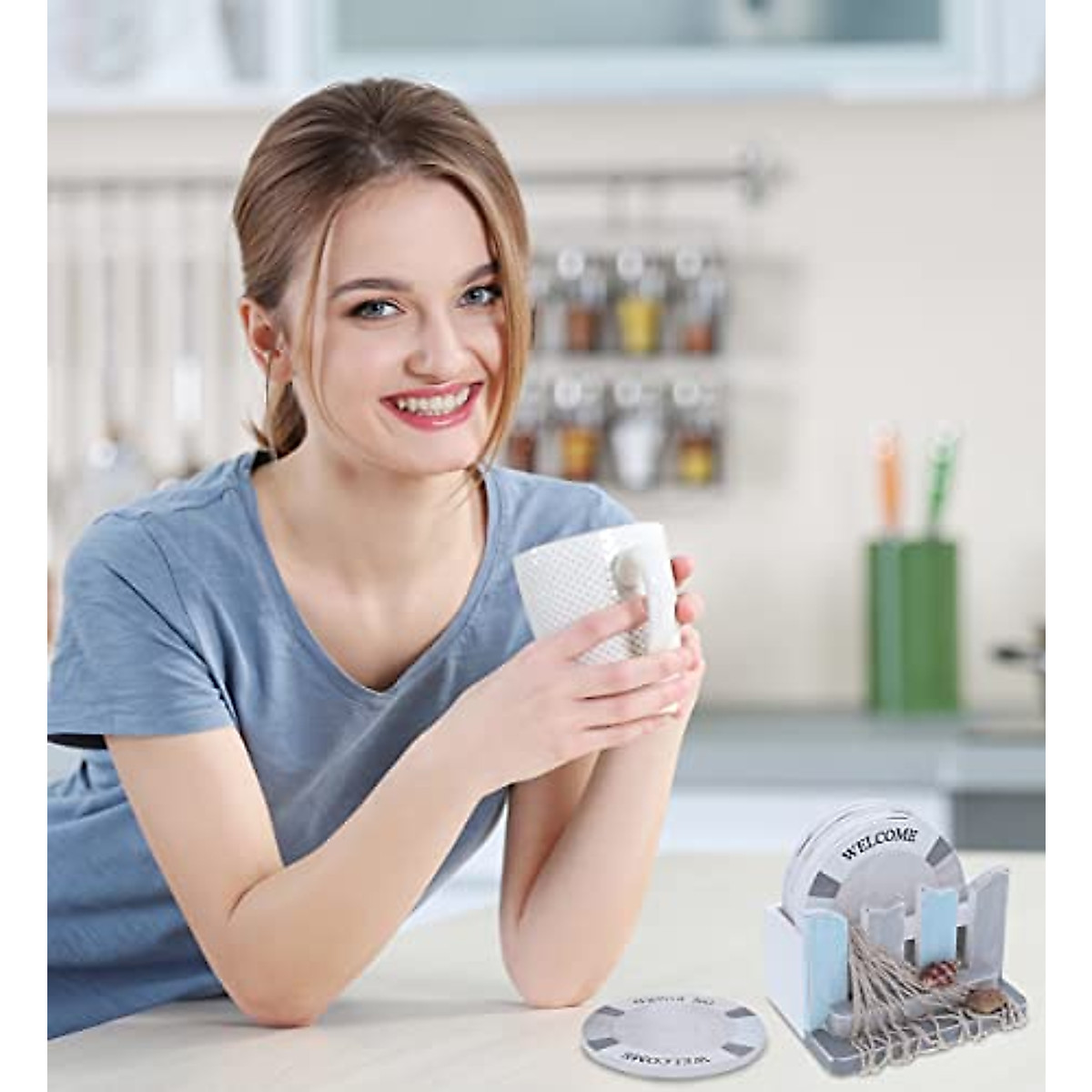 CoTa Global Moonlight Nautical Wooden Coaster Set - Rustic Circle Coaster Set with Holder, Cute Beach Theme Drink Coasters Set for Spill and Scratch Free Tabletop - 6 Coasters and 1 Holder Set