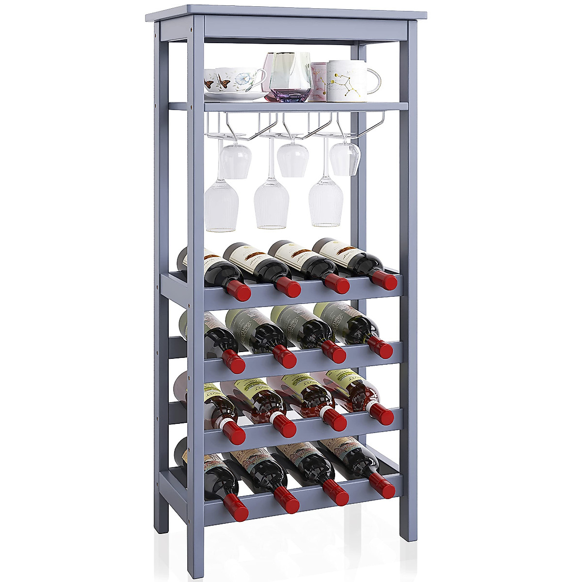 SMIBUY Wine Rack with Glass Holder & Table Top, 16 Bottles Storage, Floor Free Standing Bamboo Display Shelves for Home, Kitchen, Pantry, Cellar, Bar (Grey)