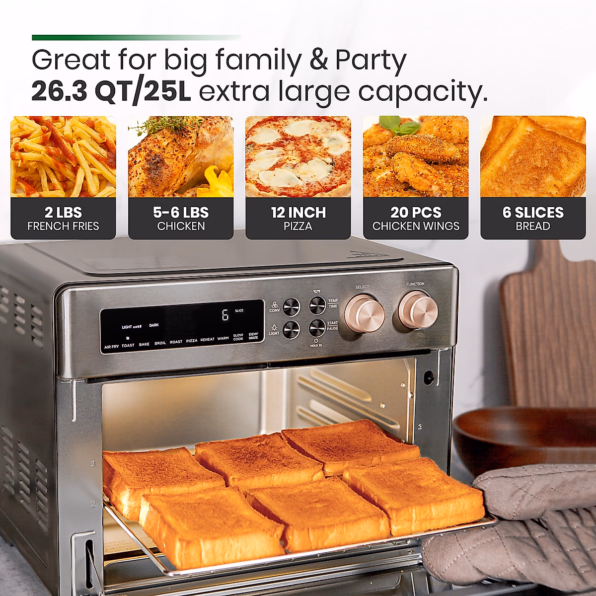 VAL CUCINA Infrared Heating Air Fryer Toaster Oven, Extra Large Countertop Convection Oven 10-in-1 Combo, 6-Slice Toast, Enamel Baking Pan Easy Clean with Recipe Book, Black Matte Stainless Steel