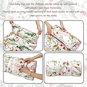 Dad-Baby Toddler Nap Mat with Removable Blanket and Pillow, Extra Large Rolled Napping Mats,Toddler Sleeping Bag,Kids Sleeping Bag for Daycare,Nap Mats for Preschool(Flower Pattern)