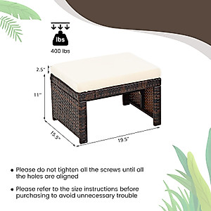 RELAX4LIFE 2-Piece Wicker Outdoor Ottoman, Rattan Footrest Set of 2 with Removable Cushions, 3-in-1 Foot Stool, Side Table & Additional Seating, Outdoor Footstools for Patio Backyard (White)
