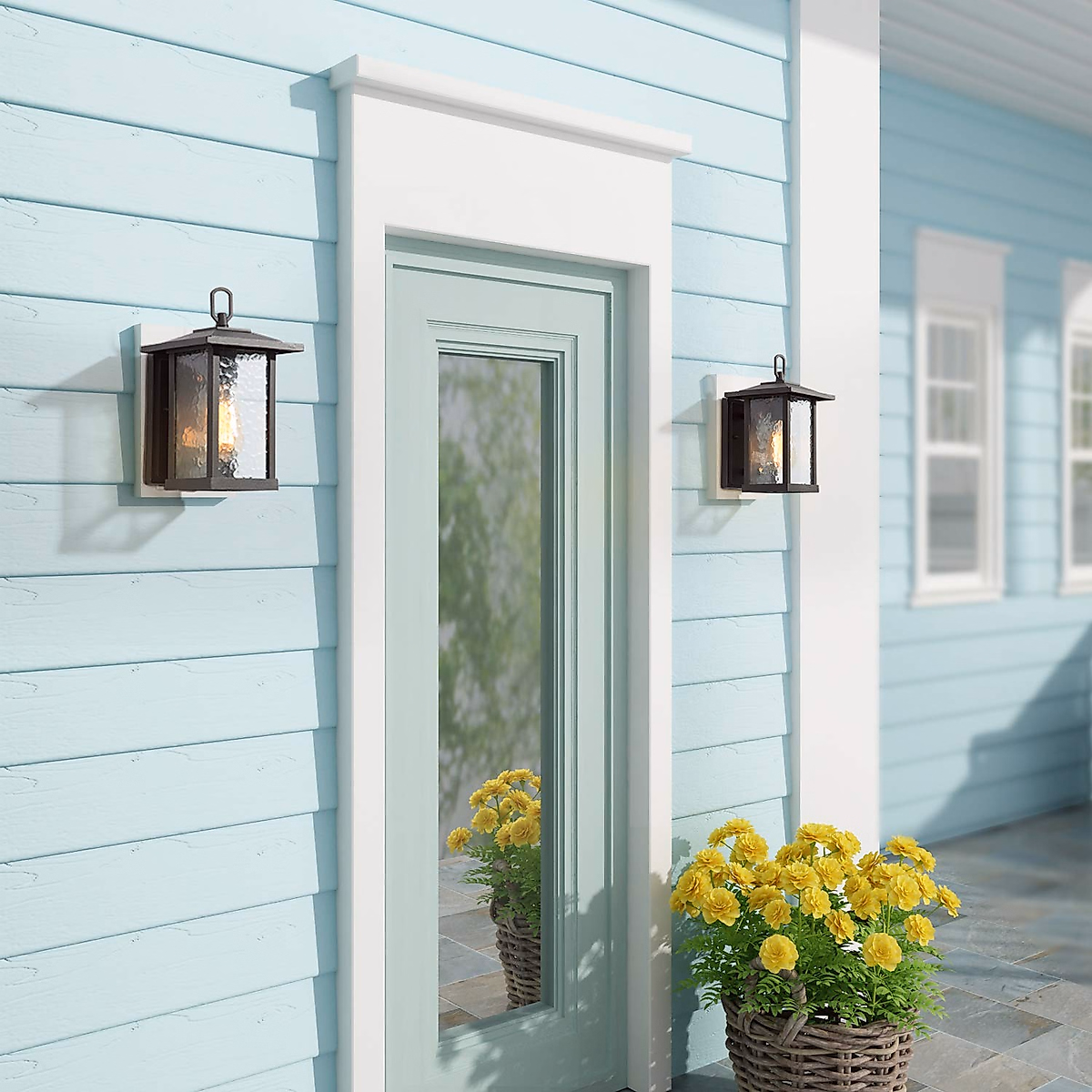 LALUZ Rectangle Outdoor Light Fixtures Wall Mount, Weather-Proof Porch Lights Outdoor with Water Ripple Glass, Anti-Rust Outdoor Wall Lantern for Patio, Yards, Garden, Front Door, Matte Black Finish