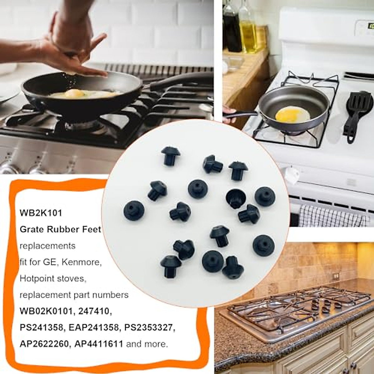 WB2K101 Rubber Feet Replacement for GE, Rubber Grate Feet for Kenmore Range Burner Grate, Gas Stove Top Cooktop Burner Grates Replaces WB02K0101 WB02T10461 AP2622260 PS241358 (16 Short Rubber Feet)