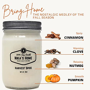 Nika's Home Harvest Spice Soy Candle 12oz Mason Jar Non-Toxic White Candle-Hand Poured Handmade, Clean Long Burning 50-60 Hours Highly Scented Pumpkin All Natural, Pumpkin Spice Gift Décor