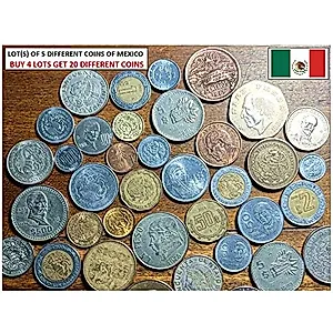 1980 M LOT(S) of 5 DIFF OLD MEXICAN COINS (RANDOM MIX) 1ST LOT SMALL, 2ND LOT MEDIUM, 3RD LOT LARGE, 4TH LOT JUMBO Dates Vary 1 Centavo to 500 Pesos Seller Average Circulated