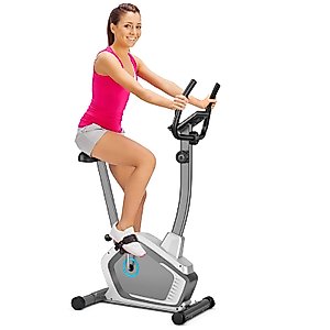 Goplus Indoor Magnetic Stationary Upright Cycling Bike, Exercise Bikes W/ 8-Level Resistance, All-inclusive Flywheel, LCD Monitor, Pad Holder, Gym Home Office Cardio Workout Fitness Bike Training