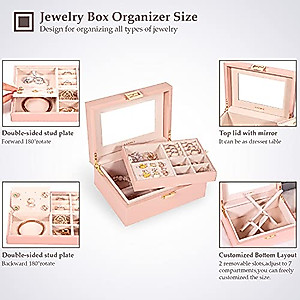 LANDICI Jewelry Organizer Box for Women Teen Girls,Large Jewelry Storage Case with Mirror,2 Layer Removable Stackable Tray,Leather Jewellery Display Holder for Ring Necklace Earring Bracelets,Pink