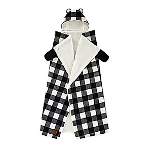 Dearfoams Black and White Buffalo Check Printed Royal Plush with Sherpa Reverse Adult Hooded Throw, 50"x60"