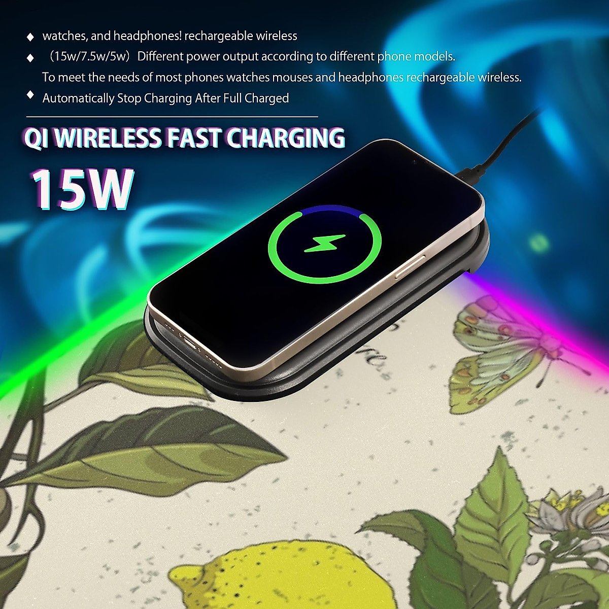 Lemon Tree Wireless Charging Mouse Pad for Mobile Phone Extra Large Gaming Mousepad with 13 Lighting Modes Keyboard Mat for MacBook PC Laptop Desk Office Home Gaming
