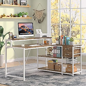 LITTLE TREE 55" L-Shaped Computer Desk, Reversible Home Office Desk with File Drawers and Monitor Stand, Gaming Desk Writing Study Table Workstation