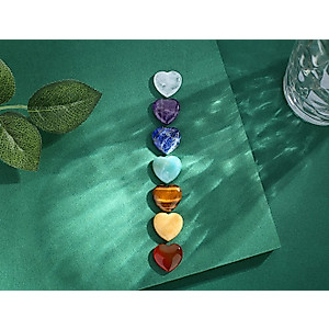 7 PCS Chakra Heart Crystals Pocket Natural Stones Polished Amethyst Palm Assorted Healing Crystal Love Shaped Gemstones 0.8" Set Reiki Energy Balancing Meditation Mother's Day Gift