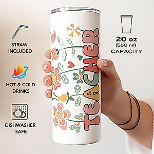 Fleur&Bay Teacher Appreciation Gifts for Women - Personalized Teacher Tumbler With Straw - Daycare Preschool Birthday Back to School Gifts Ideas - Customized Cup With Name - 20 oz Travel Coffee Mug