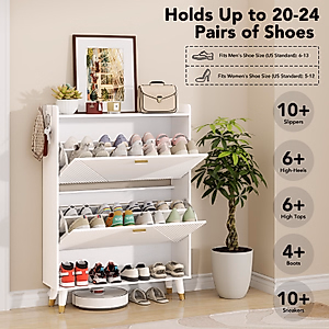 howcool Shoe Storage Cabinet with 2 Flip Drawers, Slim Wooden Freestanding Shoe Cabinet with Coat Hooks, Cubby and Shelf, Hidden Narrow Shoes Rack Organizer for Entryway Hallway, Holds 24 Pairs, White