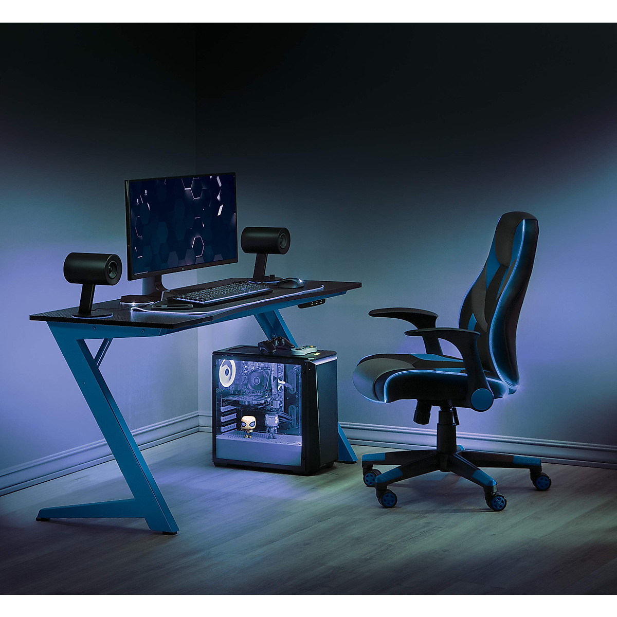 OSP Home Furnishings Beta Battlestation Gaming Desk with Bluetooth RGB LED Lights, Matte Blue