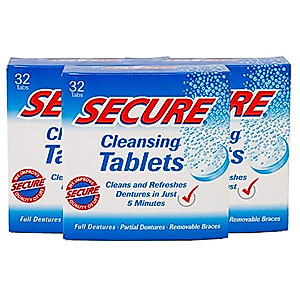 Secure Cleansing Tablets Zinc Free PH Formula Removes Odors, Stains, Bacteria, Germs - Clean Dentures, Partials & Removable Braces - 32 Tablets (Pack of 3)