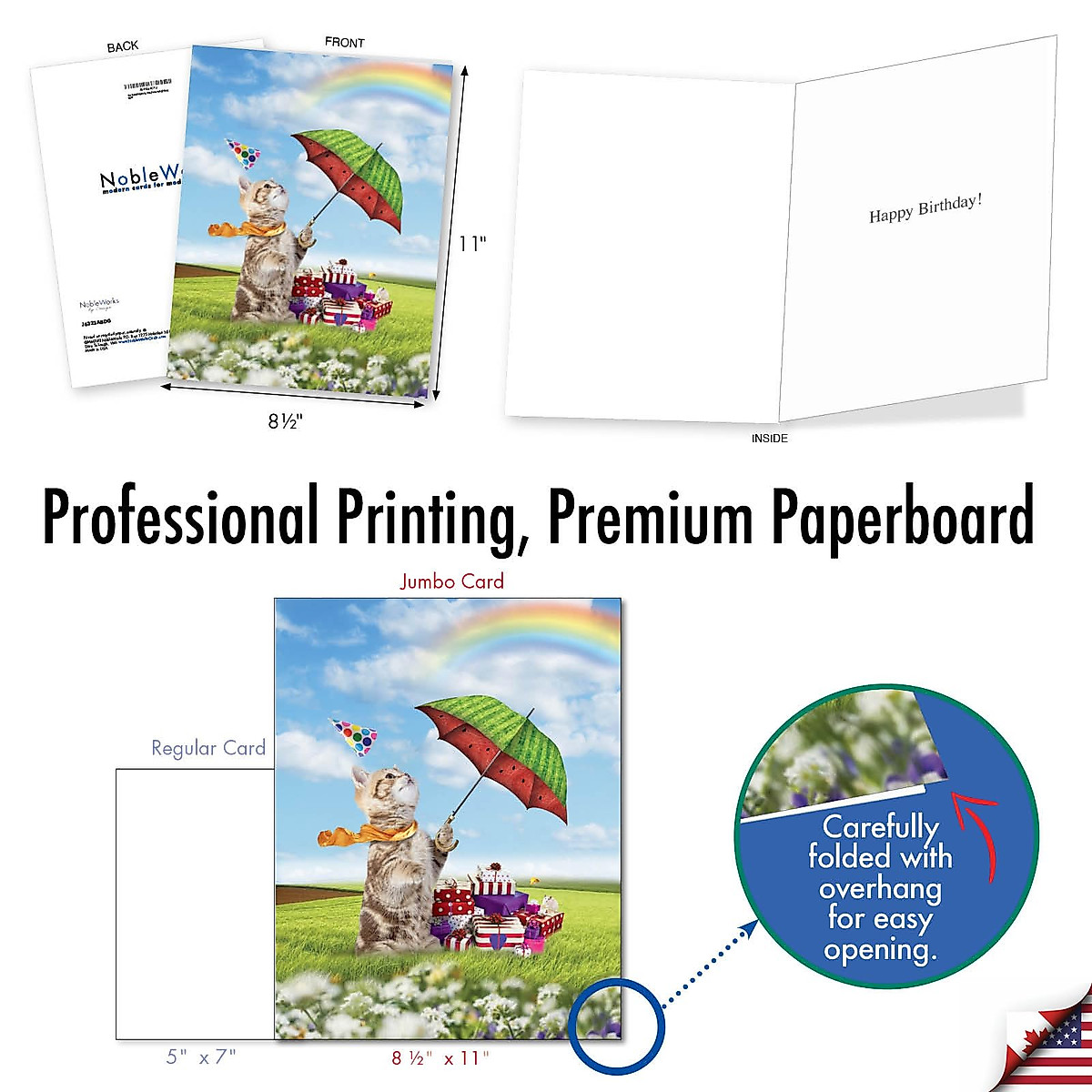 NobleWorks - 1 Large Birthday Greeting Card (8.5 x 11 Inch) - Fun Animal Bday Celebration, Stationery Notecard - Fruit Cat J6323ABDG