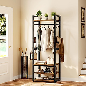YITAHOME Small Heavy Duty Clothes Rack with Storage Shelves and Hanging Rod, Industrial Hall Tree Garments Rack, Freestanding Closet Organizer for Small Space, Entryway, Bedroom, Rustic Brown