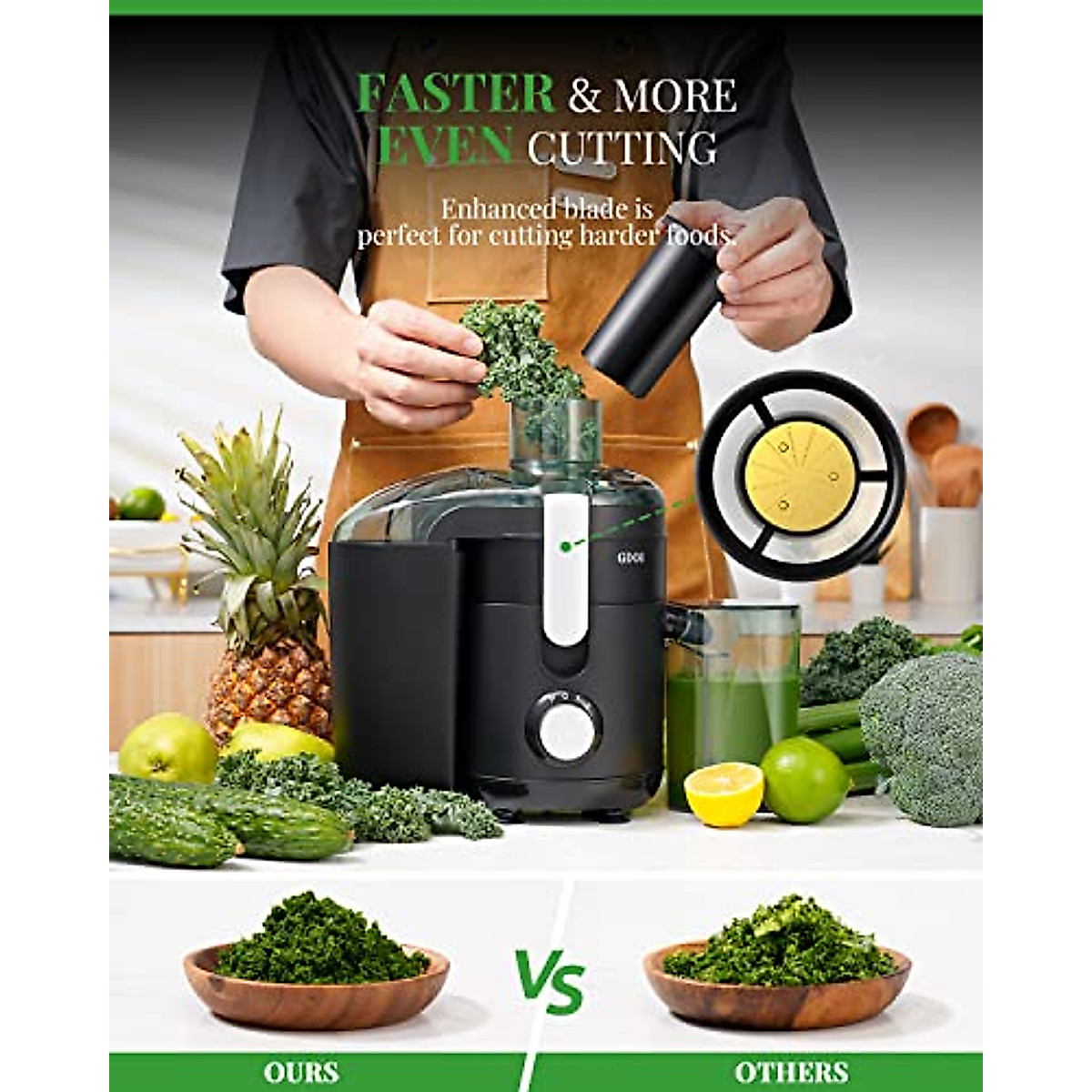 Juicer with Titanium Enhanced Cut Disc, GDOR Dual Speeds Centrifugal Extractor Machines with 2.5" Feed Chute, for Fruits and Veggies, Anti-Drip, Includes Cleaning Brush, BPA-Free, Black