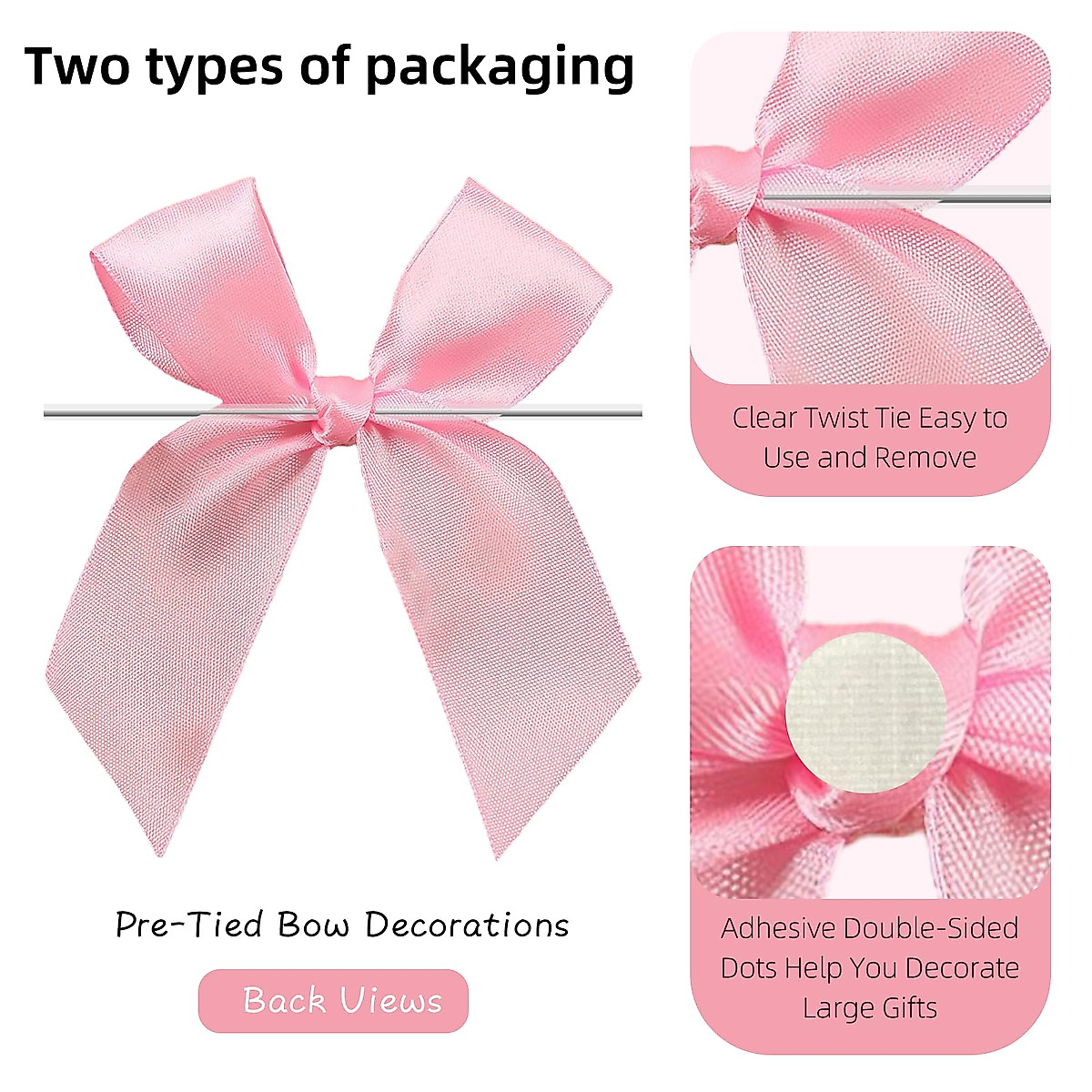 Twist Tie Bows, 50Pcs Pink Satin Ribbon Bows, 3.9'' Big Pre-Tied Pink Gift Bows for Gift Wrapping Treat Bag Present Craft Bridal Shower Wedding Girls Birthday Party Halloween Thanksgiving (Pink)