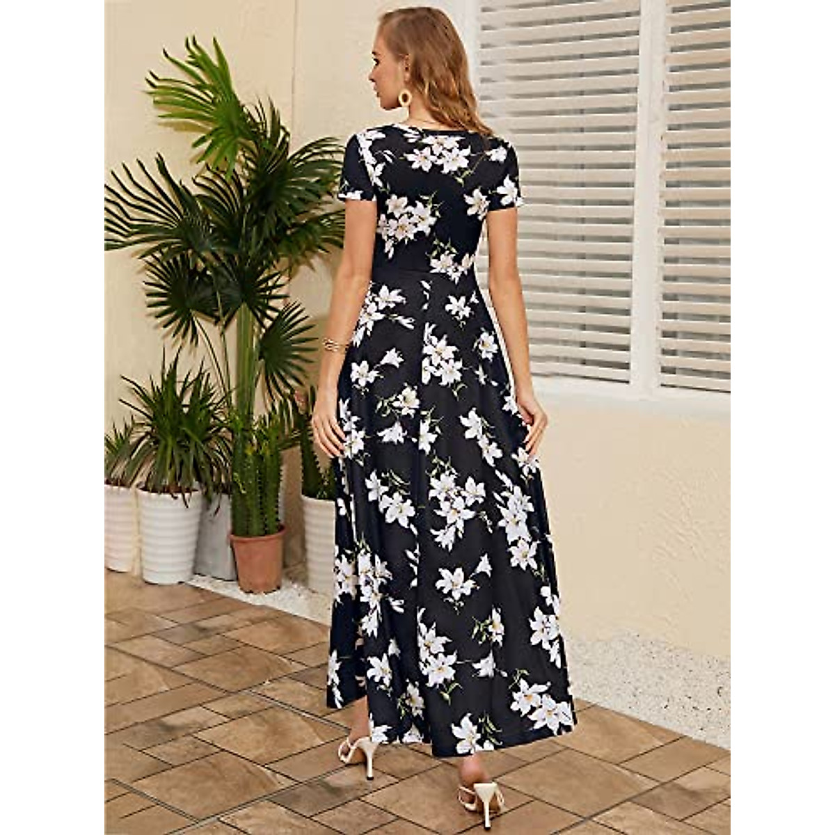 ZABERRY Womens Floral Maxi Dresses Summer Short Sleeve Round Neck Long Dress Lily Floral L
