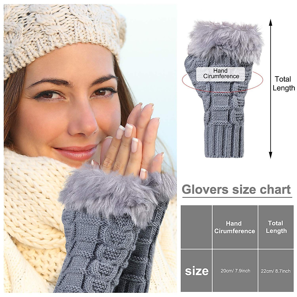 3 Pairs Fingerless Winter Gloves Faux Fur Crochet Warm Middle Length Thumb Hole Fingerless Gloves Arm Warmers (Black, White, Grey)