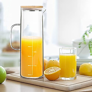 ZRRHOO Glass Pitcher with Bamboo Lid and Spout, 52oz/1500ml Clear Water Pitcher with Scale Line and Brush, Heat Resistant Carafe for Iced Tea, Cold Brew, Juice, Sangria, Lemonade, and More