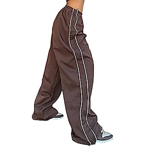 Shebote Womens Parachute Pants Wide Leg Baggy Pants Y2K Elastic Waist Jogger Sweatpants Track Pants Streetwear(0046-Coffee-S)