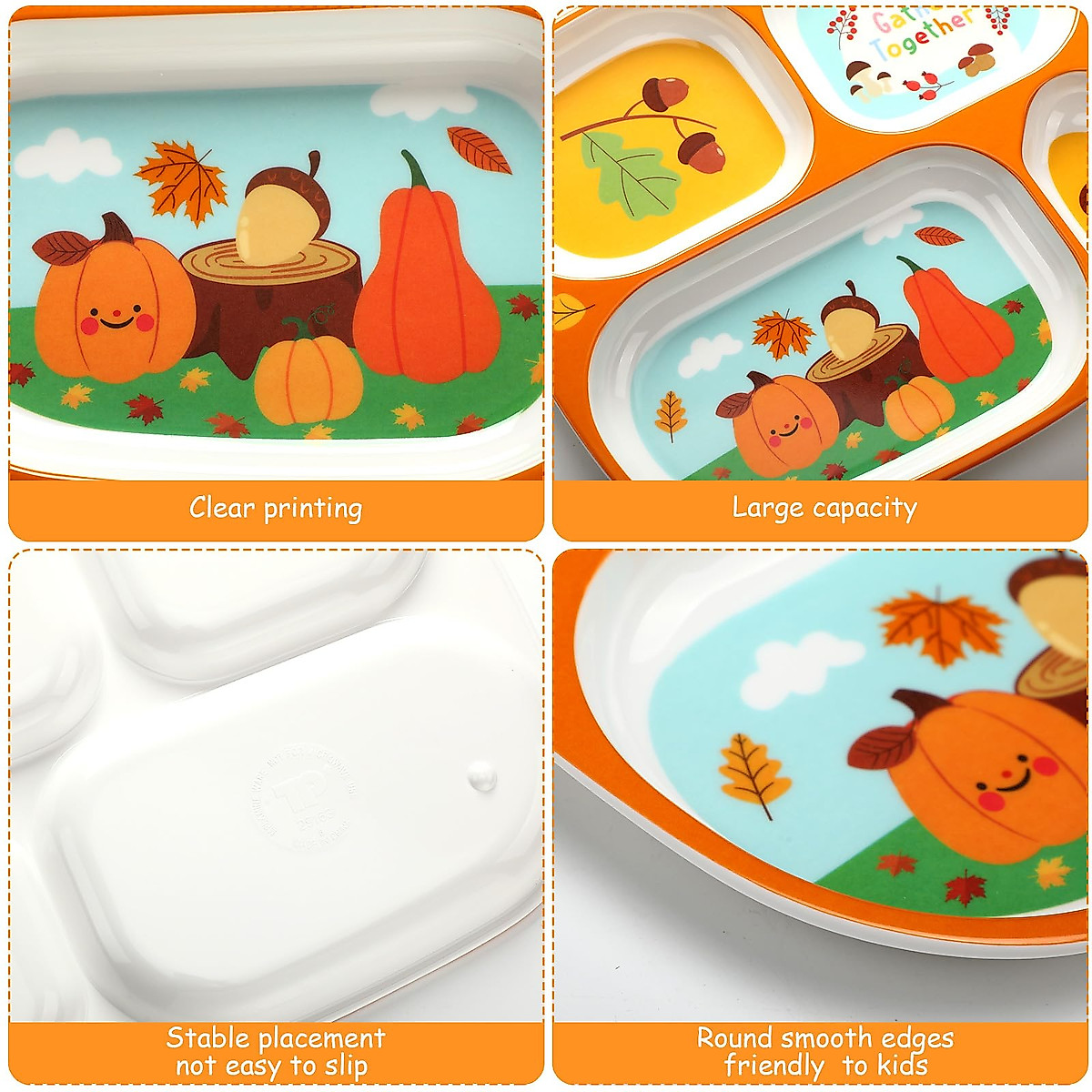 Suttmin 8 Pcs Fall Thanksgiving Kids Divided Plates Fall Plates Dinnerware Set for Kids Bulk Plastic Thanksgiving Themed Serving Dishes Pumpkin Turkey Sunflower Pine Nut Self-Feeding Dishwasher Safe
