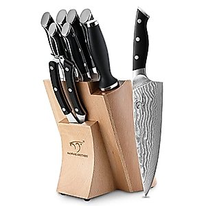 NANFANG BROTHERS Knife Set, 9-Piece Damascus Kitchen Knife Set with Block, ABS Ergonomic Handle for Chef Knife Set, Knife Sharpener and Kitchen Shears, Knife Block Set