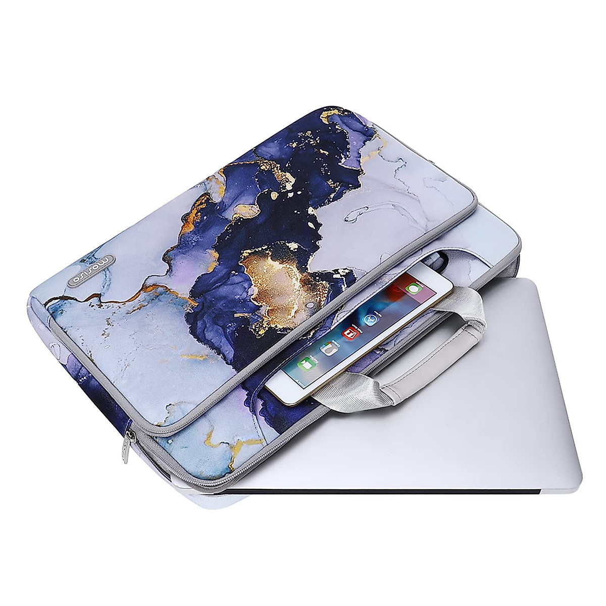MOSISO 360 Protective Laptop Shoulder Bag Compatible with MacBook Air/Pro,13-13.3 inch Notebook,Compatible with MacBook Pro 14 inch M3 M2 M1 2023-2021, Polyester Sleeve with Belt Marble MO-MBH348